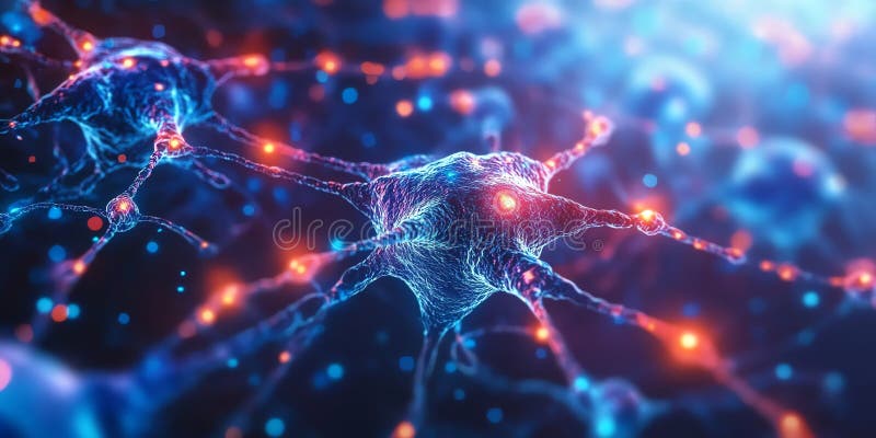 Microscopic View of a Neuron, a Nerve Cell, with Bright Red and Blue ...