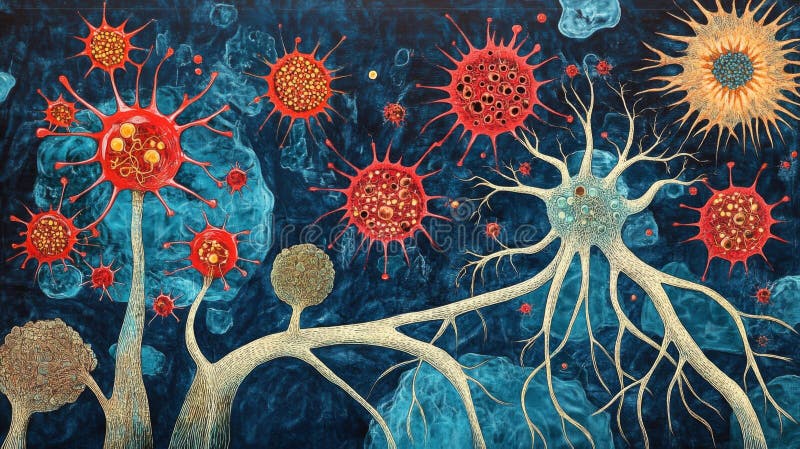 Microscopic View of Neuron and Viruses Abstract Medical Illustration ...