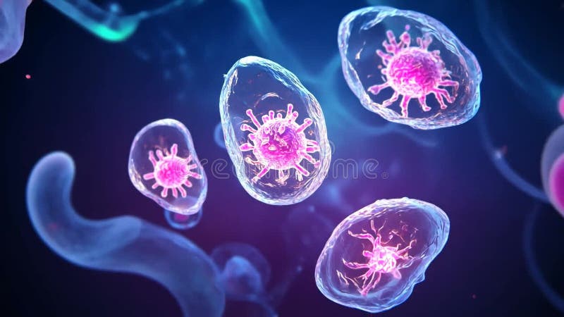 Microscopic View of Pathogen Cells with Glowing Spikes Under a Purple ...