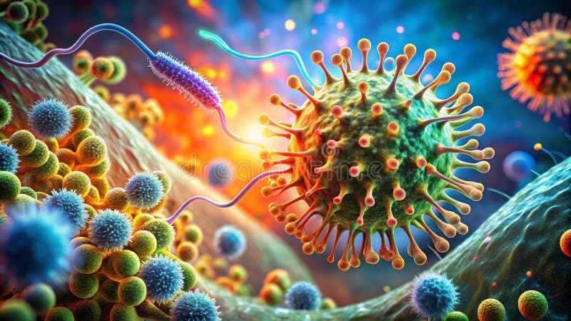Microscopic View of Pathogens Interacting a Detailed Illustration of ...
