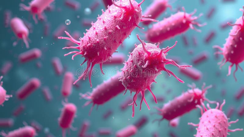 Microscopic View of Pink Bacteria with Detailed Surface Structures in ...