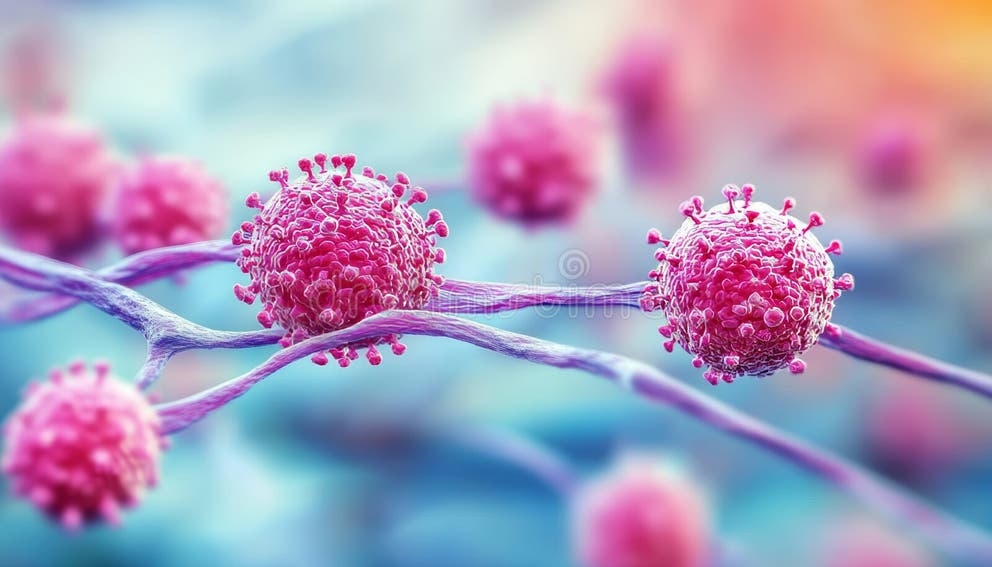 Microscopic View of Pink Cancer Cell Growth on a Network of Blue ...