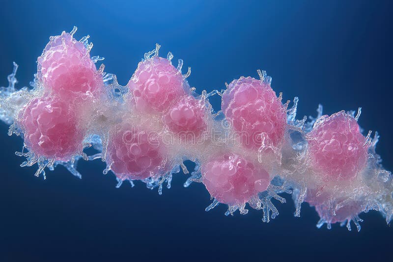 Pink Cancer Cells Microscopic View, Clustered Together on a Filament ...