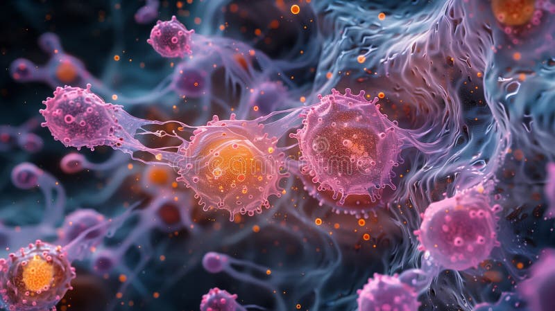 Microscopic View of Pink and Orange Cells in a Fluid Environment Stock ...