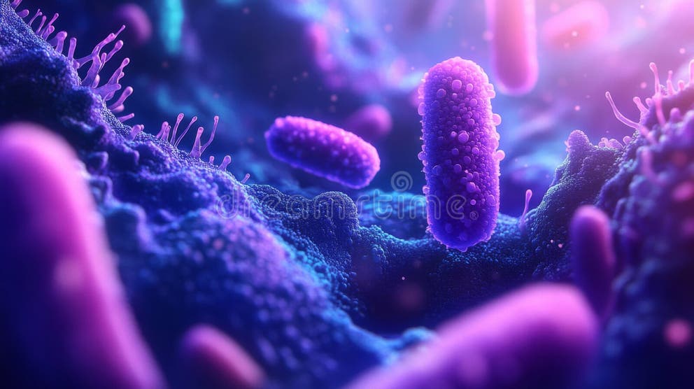 Microscopic View of Purple and Blue Bacteria in 3D Rendering Stock ...