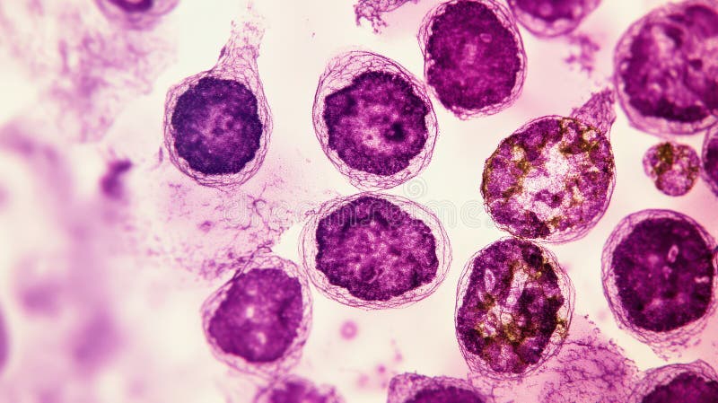 Microscopic View of Purple Lab Cells Stock Image - Image of tissue ...