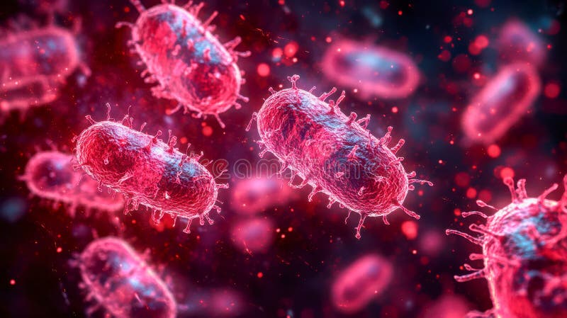 Microscopic View of Red Bacteria Cells Floating in Dark Background ...