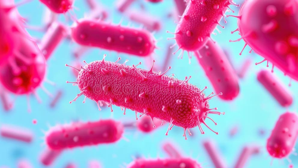 Microscopic View of Red Bacteria Cells with Spikes on Blue Background ...