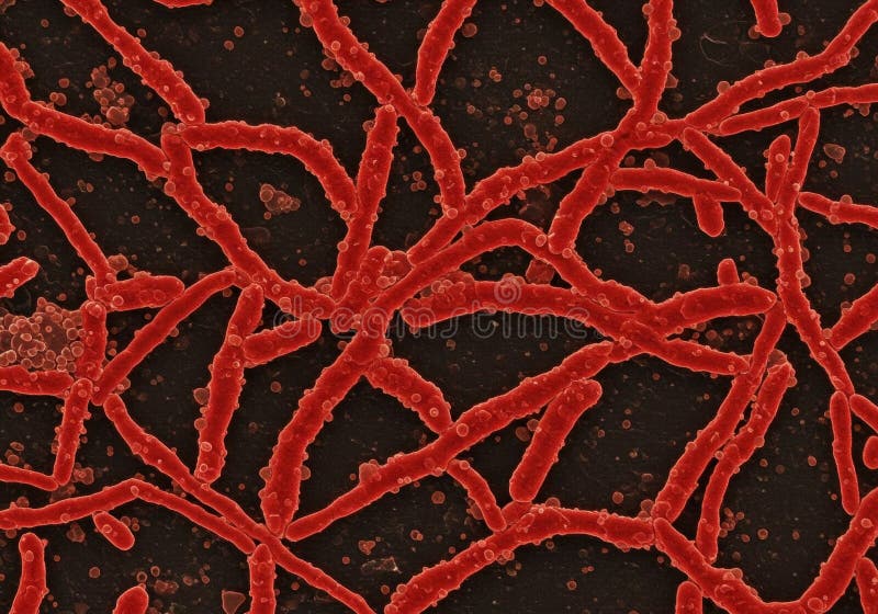 Microscopic View of Red Bacteria Filaments on Dark Background Stock ...