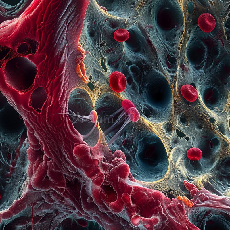 Microscopic View of Red Blood Cells within a Complex Network of Cells ...