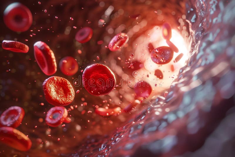 Microscopic View of Red Blood Cells Flowing through a Blood Vessel a ...