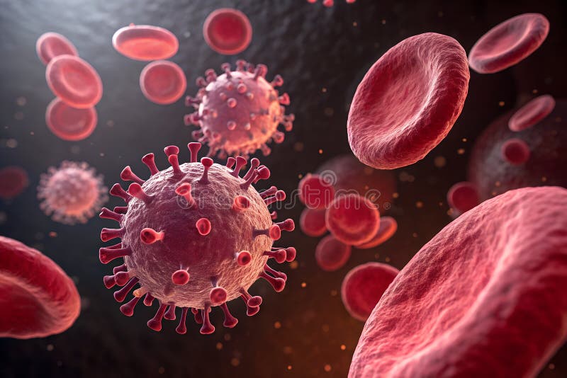 Microscopic View of Red Blood Cells with Virus Particles in Bloodstream ...