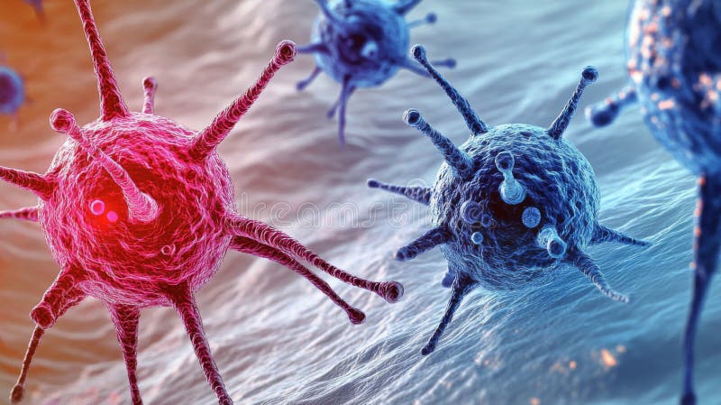 Microscopic View of Red and Blue Viruses on a Cellular Surface Stock ...