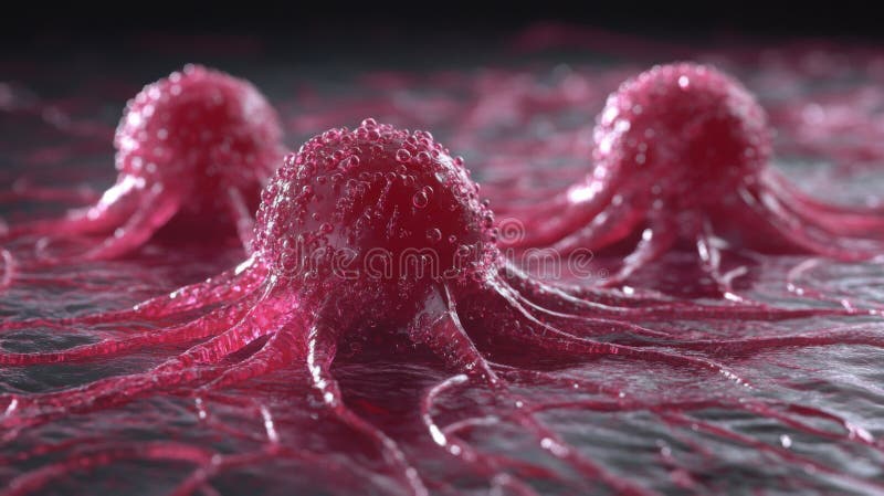 Microscopic View of Red Cancer Cells Growing on Dark Background Stock ...
