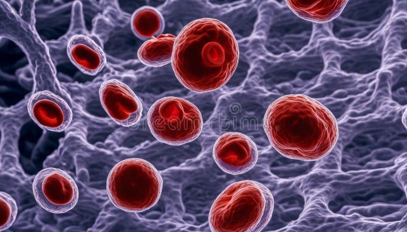 Microscopic View of Red Cells in a Blue Background Stock Illustration ...