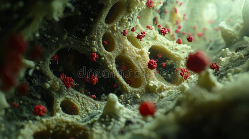 Microscopic View of Red Clusters on Porous Surface Stock Illustration ...