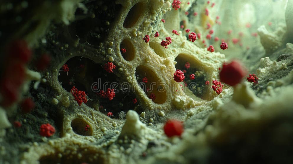 Microscopic View of Red Clusters on Porous Surface Stock Illustration ...