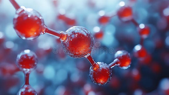 Microscopic View of Red Molecules Connected by Bonds, in a Blue ...