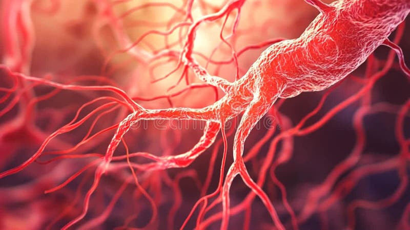 Microscopic View of a Red Nerve Cell with Branching Connections Amidst ...