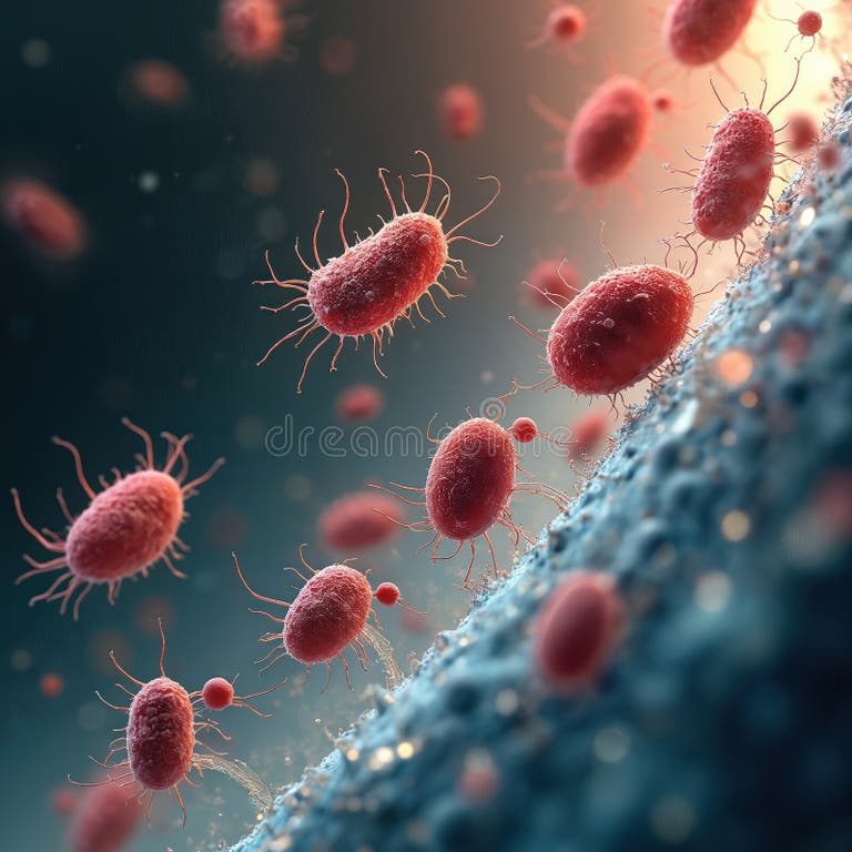 Microscopic View of Red, Rod-shaped Bacteria with Flagella Moving on a ...