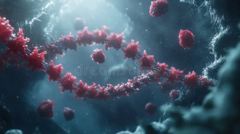 Microscopic View of Red Viral Strand and Particles Stock Illustration ...
