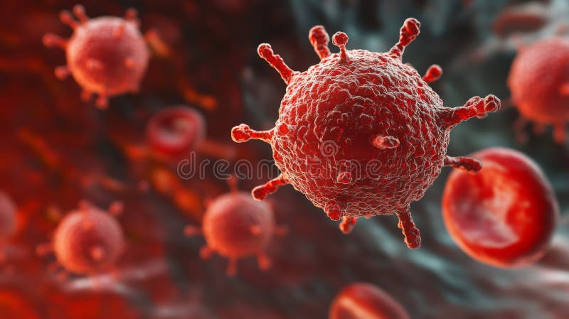 Microscopic View of Red Virus Cells and Blood Cells Stock Illustration ...