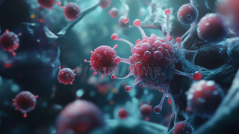 Microscopic View of Red Virus Cells with Spiky Protrusions Interacting ...