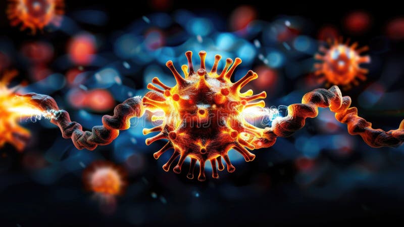 Microscopic View of Red Virus with Dna Strands in Abstract Background ...