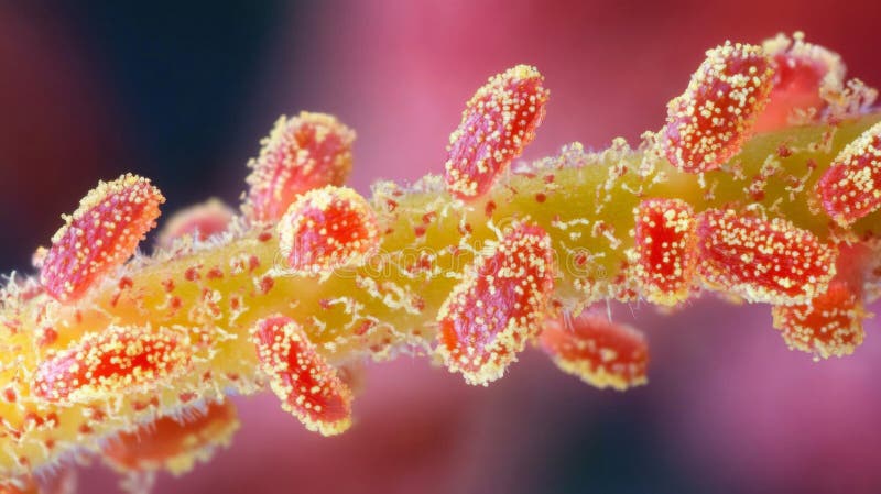 Microscopic View of Red and Yellow Pollen Grains on Plant Stem Stock ...