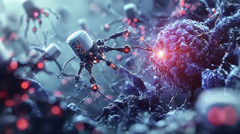 Microscopic View of Robots Interacting with Cells Stock Illustration ...