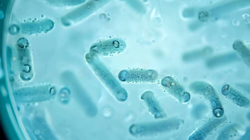Microscopic View of Rod-shaped Bacteria Moving in a Light Blue Liquid ...