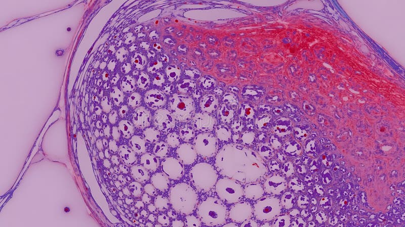 Microscopic View Showing Cells with Vacuoles and Red Staining in a ...