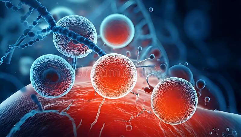 A Microscopic View Shows Cells and DNA Strands Interacting Stock ...