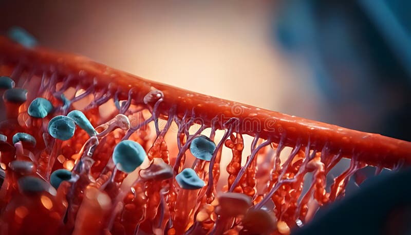 Microscopic View Shows a Close-up of a Biological Structure with Red ...