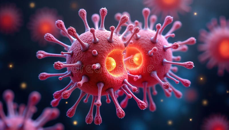 Microscopic View Shows Multiple Virus Particles. Red Sphere Shapes with ...