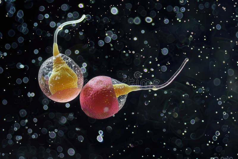 Microscopic View of Spermatozoa and Egg Cell, Digital Illustration with ...
