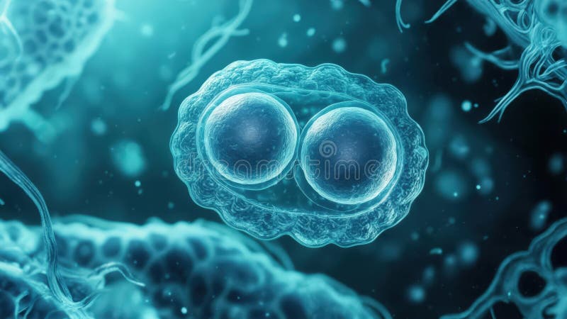 Microscopic View of Stem Cell Division Process Showing Two Nuclei in a ...