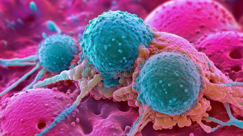 Microscopic View of Teal and Pink Cancer Cells Stock Illustration ...