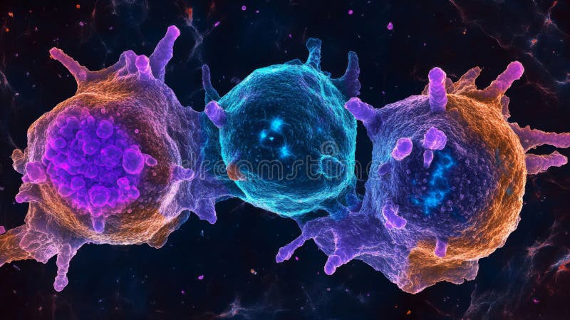 Microscopic View of Three Vibrant Cells Interacting Stock Illustration ...