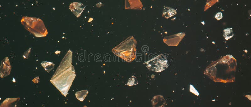 Microscopic View of Tiny Glass Fragments Against a Black Background ...