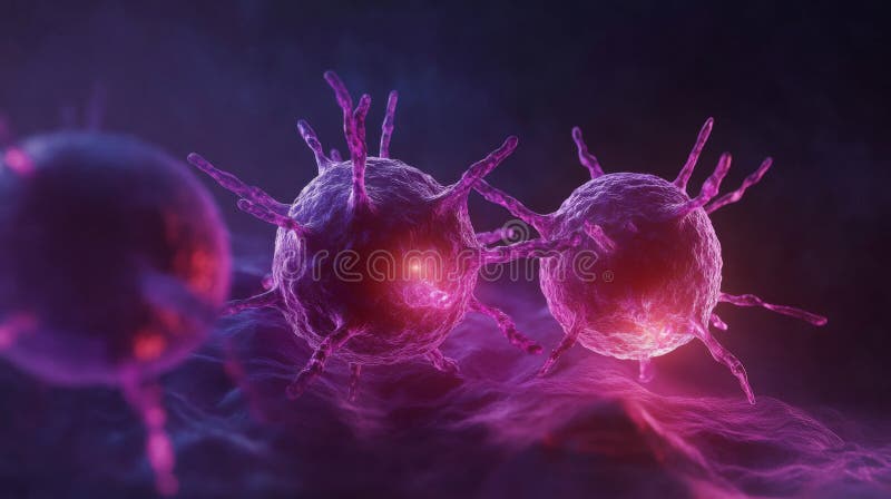 Microscopic View of Two Purple Cells with Appendages Stock Illustration ...