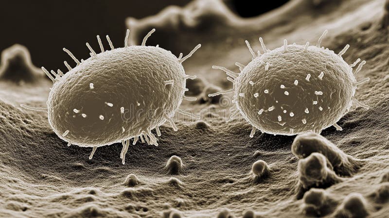 Microscopic View of Two Spiky Oval Cells on a Textured Surface Stock ...