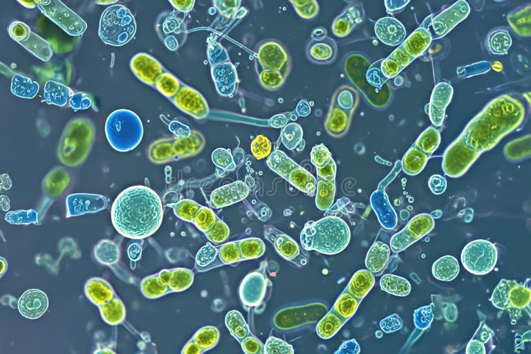 Microscopic View of Various Microorganisms Including Bacteria and Algae Stock Illustration ...