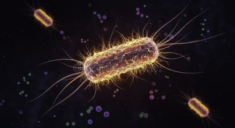 Microscopic View of a Vibrant Bacteria Cell with Filaments in Dark ...