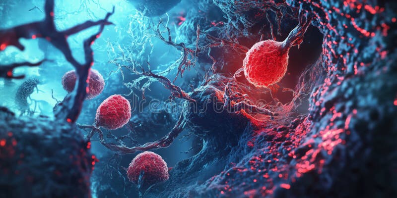 Microscopic View of Vibrant Cellular Structures Showcasing Red and Blue ...