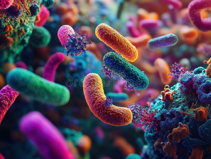 Microscopic View of Vibrant Colorful Bacteria and Viruses Interacting ...
