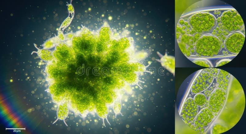 Microscopic View of Vibrant Green Algae Colonies and Cellular ...