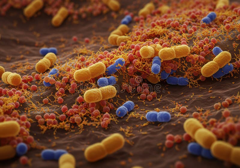 Microscopic View of Vibrant Multicolored Bacteria on Surface with ...