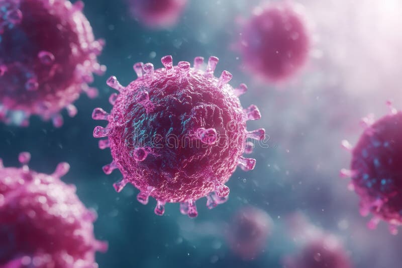 Microscopic View of Vibrant Pink Virus Particles in a Scientific ...