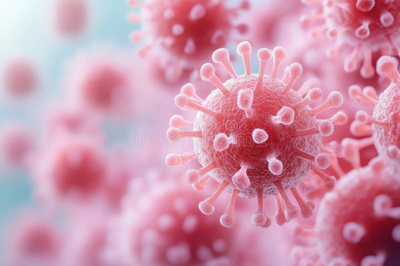 Microscopic View of Vibrant Pink Virus Particles in a Scientific ...